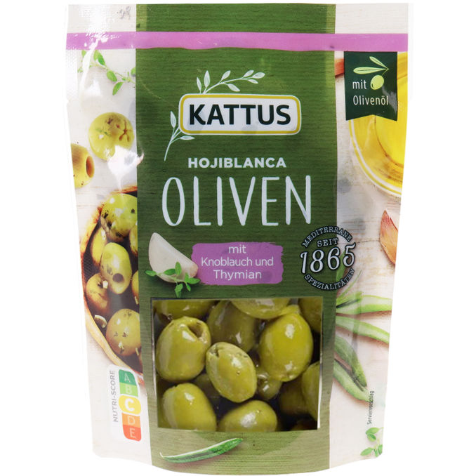 Grüne Oliven mit Knoblauch & Thymian, 120g von Kattus | Motatos