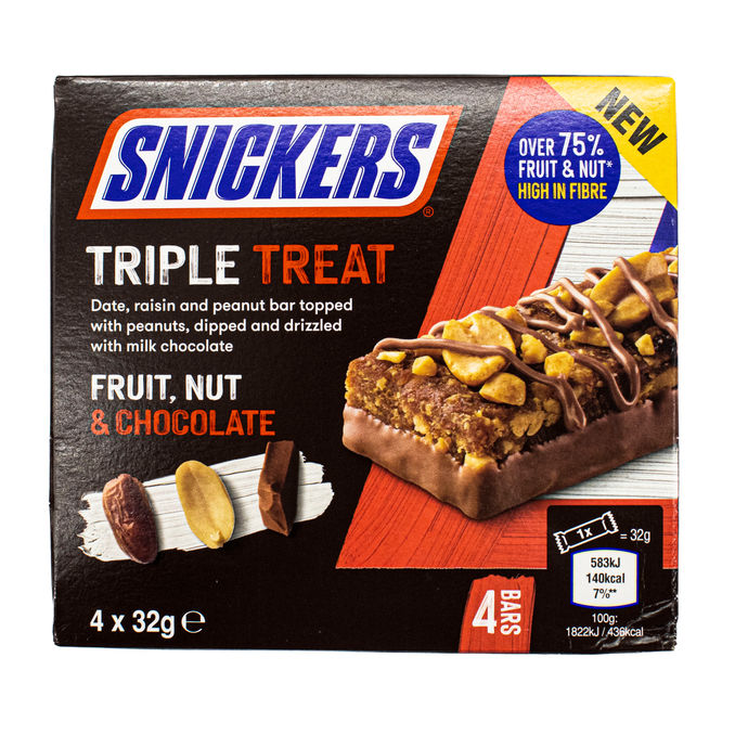 Snickers Triple Treat Fruit & Nut Milk Chocolate Bars 4 x 32g, 128g ...