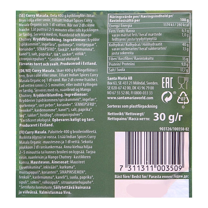 Santa Maria Curry Masala Øko, 30g fra Santa Maria | Motatos