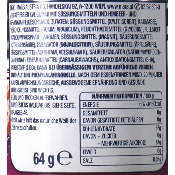 Kaugummi White Raspberry-Pomegranate, 64g von Orbit | Motatos