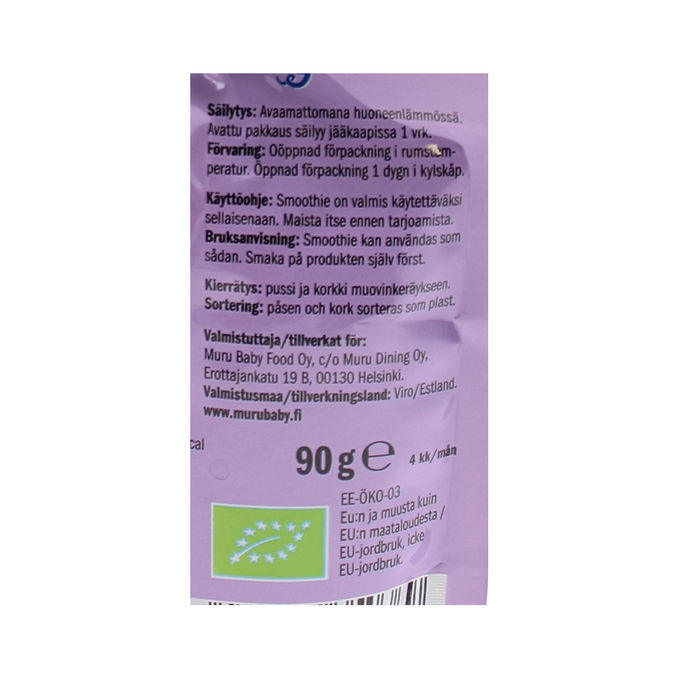 Smoothie Päron Hallon Blåbär Klämmis 12-pack, 12 x 90 g från Muru Baby | Matsmart